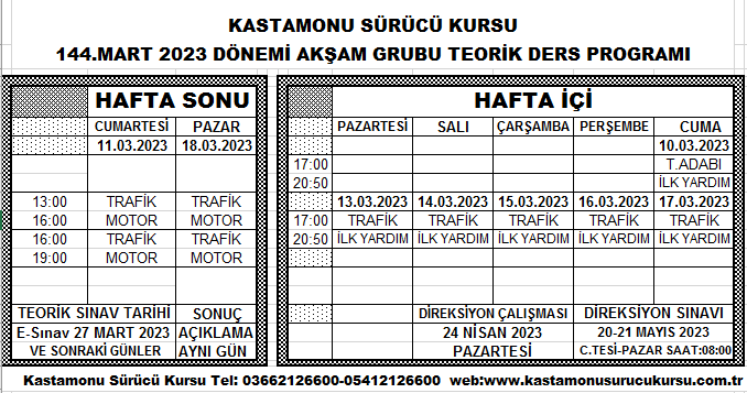 144. DÖNEM MART 2023 AYI DERS PROGRAMI – Kastamonu Sürücü Kursu